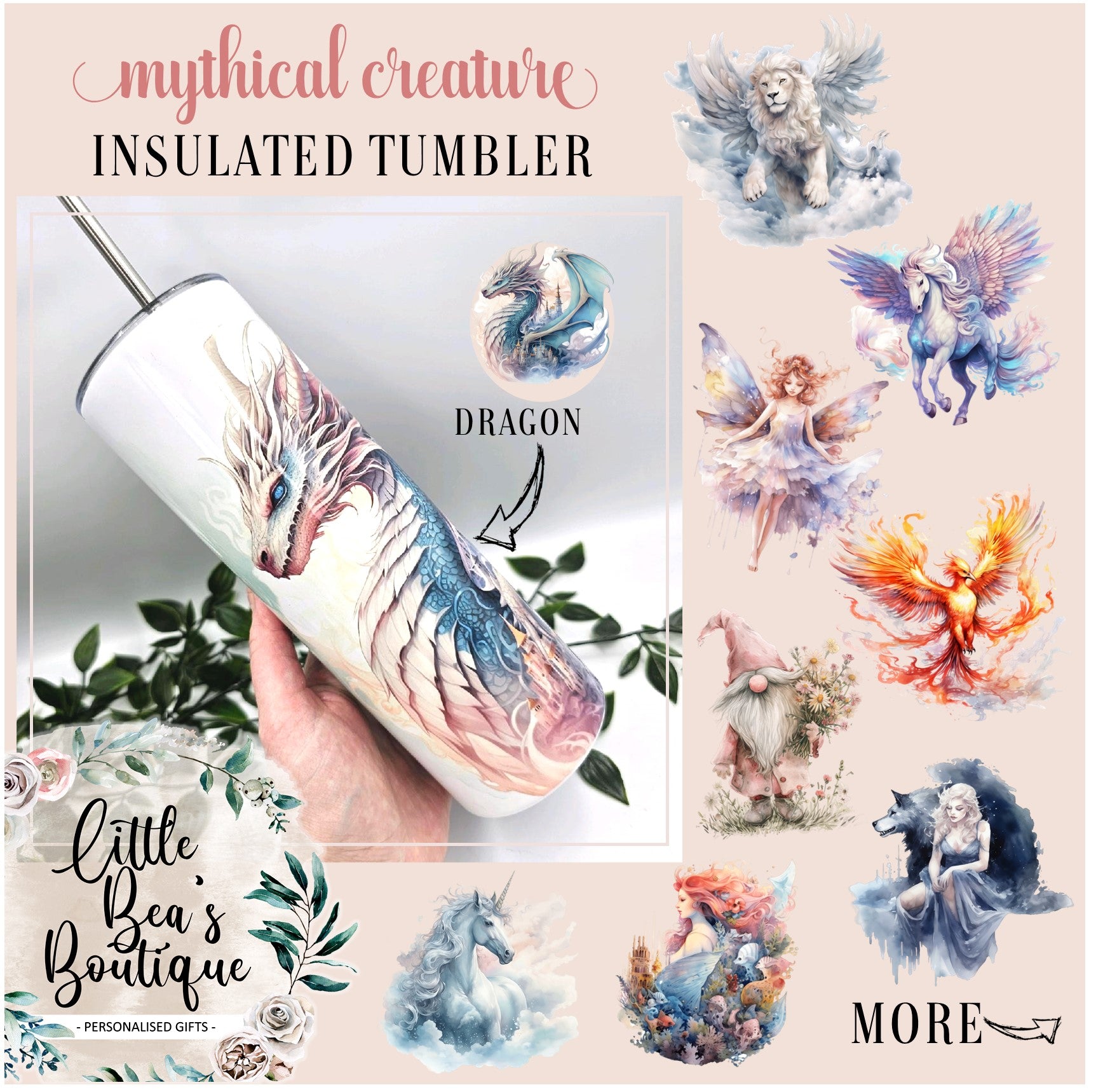 Mythical Creatures Collection Tumbler Hot/Cold Drinks Bottle with Stra ...